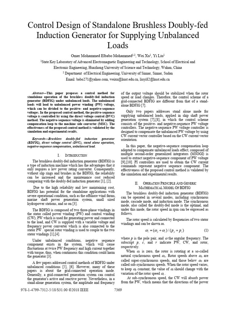 Control Design of Standalone Brushless Doubly-Fed Induction Generator For Supplying Unbalanced ...