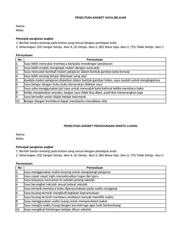 Angket Penelitian Gaya Belajar Siswa | PDF