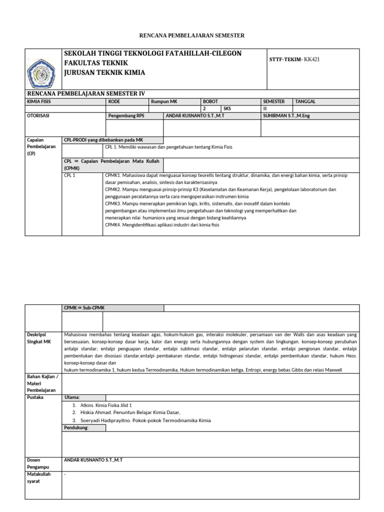 4 - Rps-Teknik Kimia Sttf-Kimia Fisis | PDF
