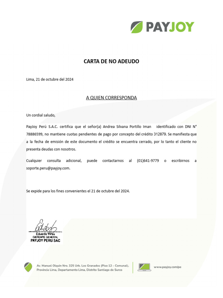 Carta de No Adeudo - Payjoy Pe 78886599 | PDF | Negocios | Finanzas y dinero