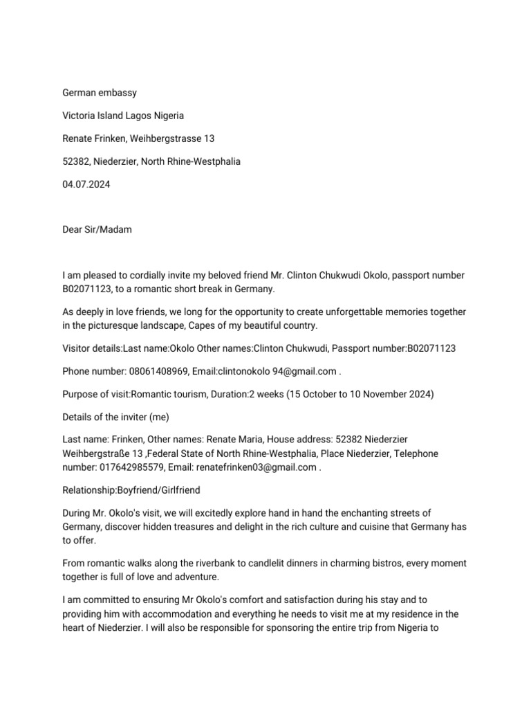 Romantic Visa Invitation to Germany | PDF