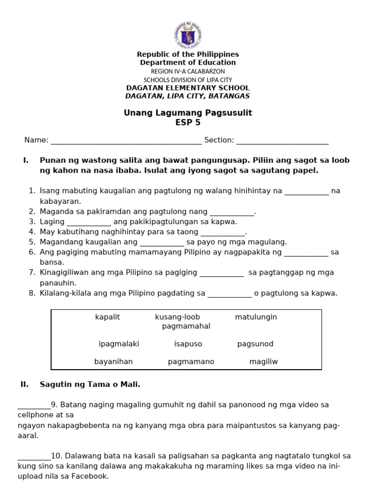 1st Summmative Test in Q3 ESP 5 | PDF