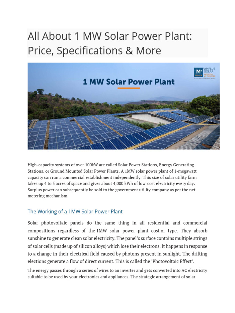 All About 1 MW Solar Power Plant | PDF | Solar Power | Photovoltaic System
