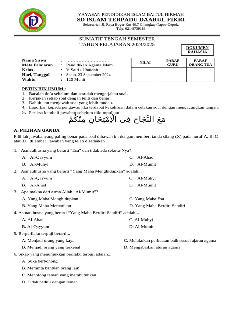 NASKAH SOAL PTS PAI Kelas 5 Semester Ganjil Fix | PDF