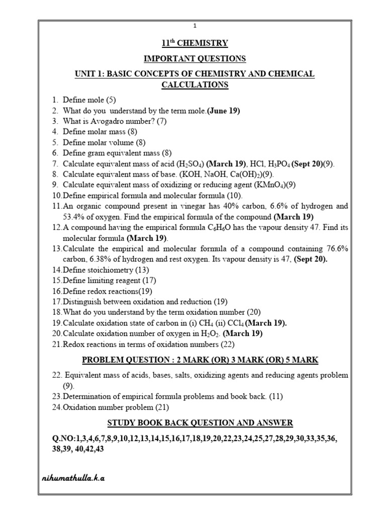 XI Chemistry Important Questions | PDF | Chemical Polarity | Atomic Orbital