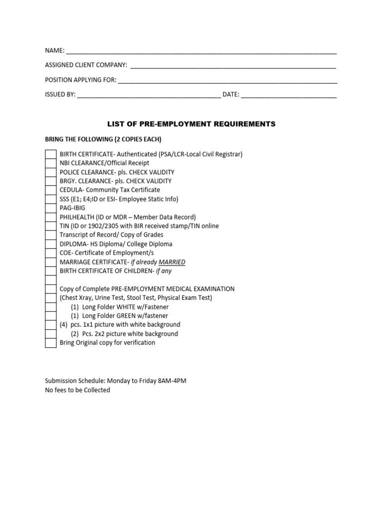 Newly Hired - Pre-Employment Requirements | PDF