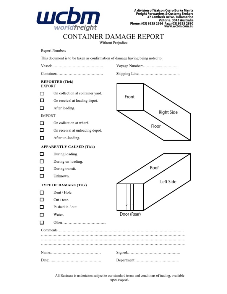 Container Damage Report Detailing Dents, Cuts, and Water Damage ...