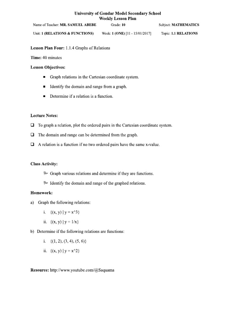 Lesson 4 Week 1 Graphs of Relations | PDF