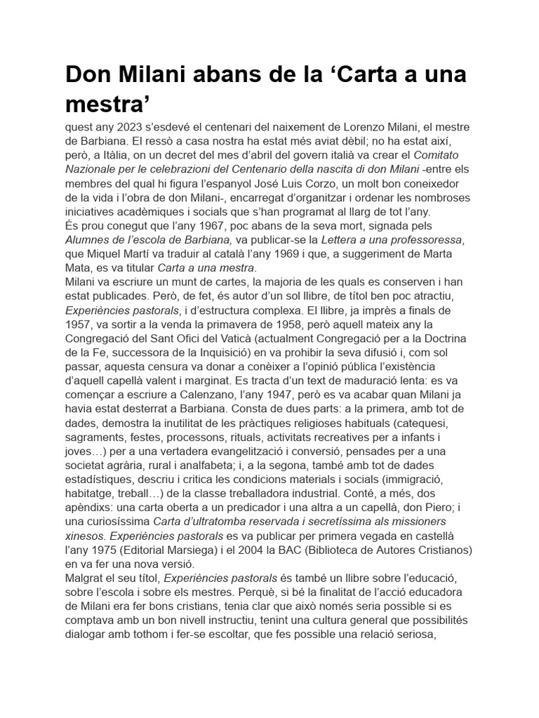 Don Milani Abans de La Carta A Una Mestra' | PDF