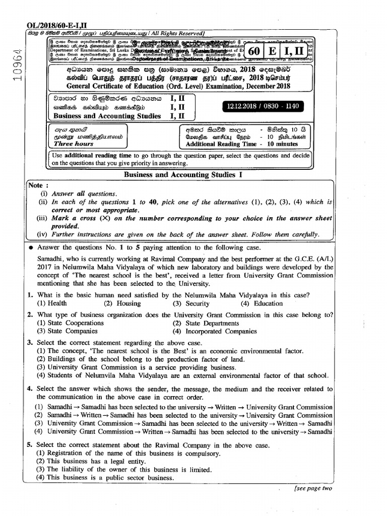2018 OL Business Accounting Studies Past Paper English Medium | PDF