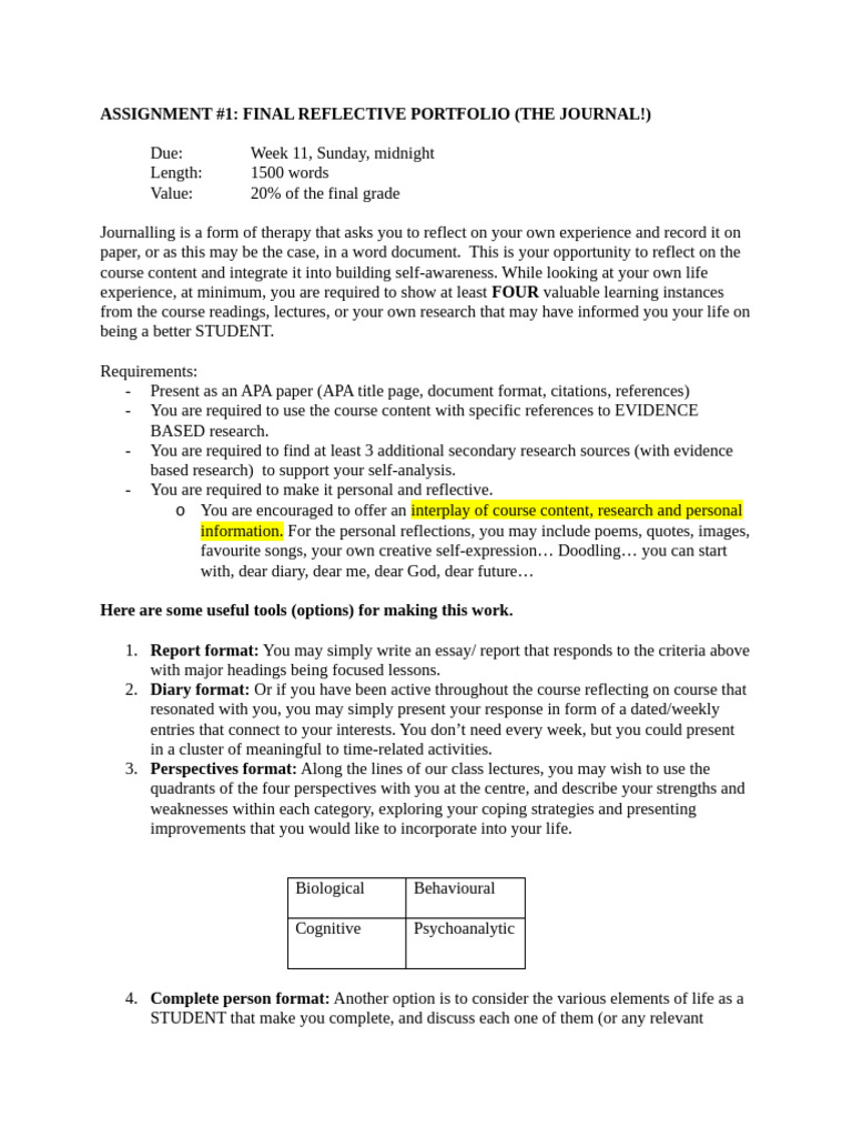 Reflective Portfolio Assignment Guide | PDF | Thought | Cognitive ...
