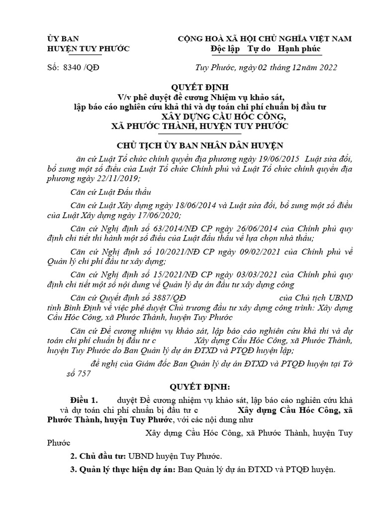 QD Phe Duyet de Cuong Ncks Lap BCKCKT Va Du Toan Xay Dung Cau Hoc Cong Xa PH Thanh | PDF