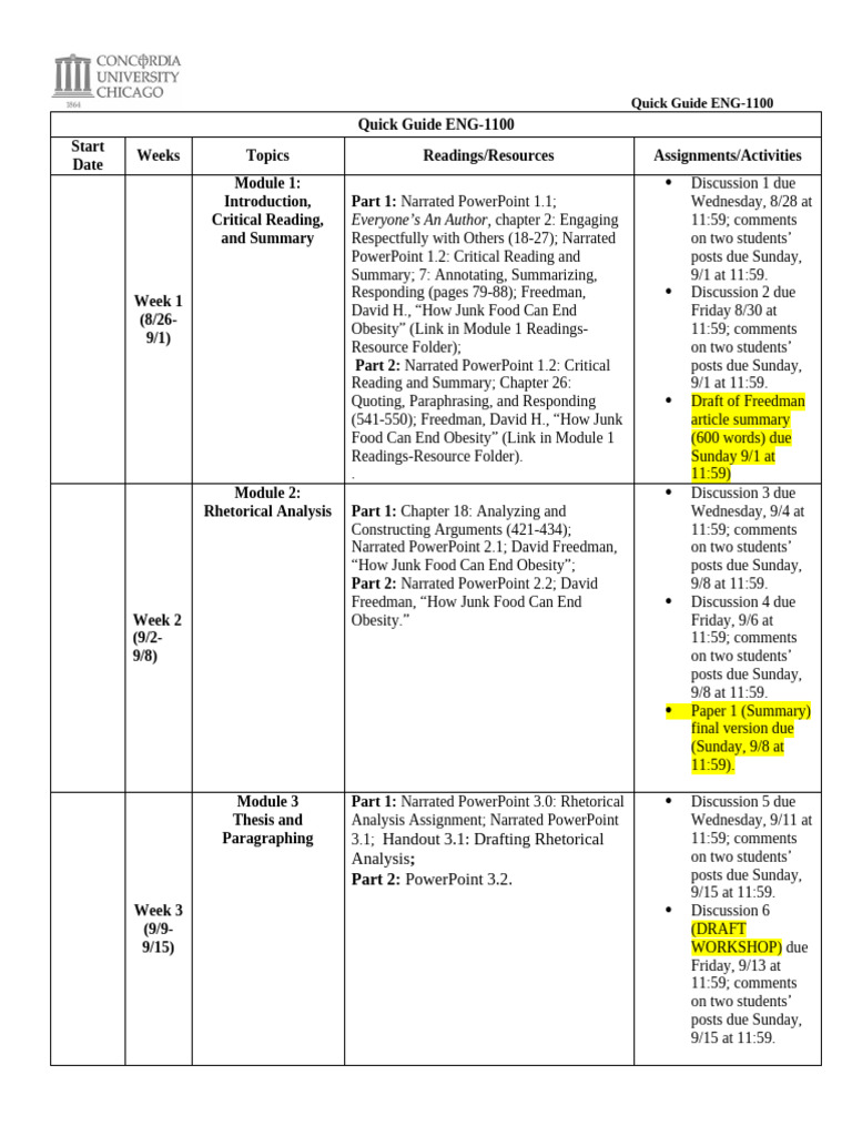 ENG-1100 Online QuickGuide - Fall2024 - Edited | PDF