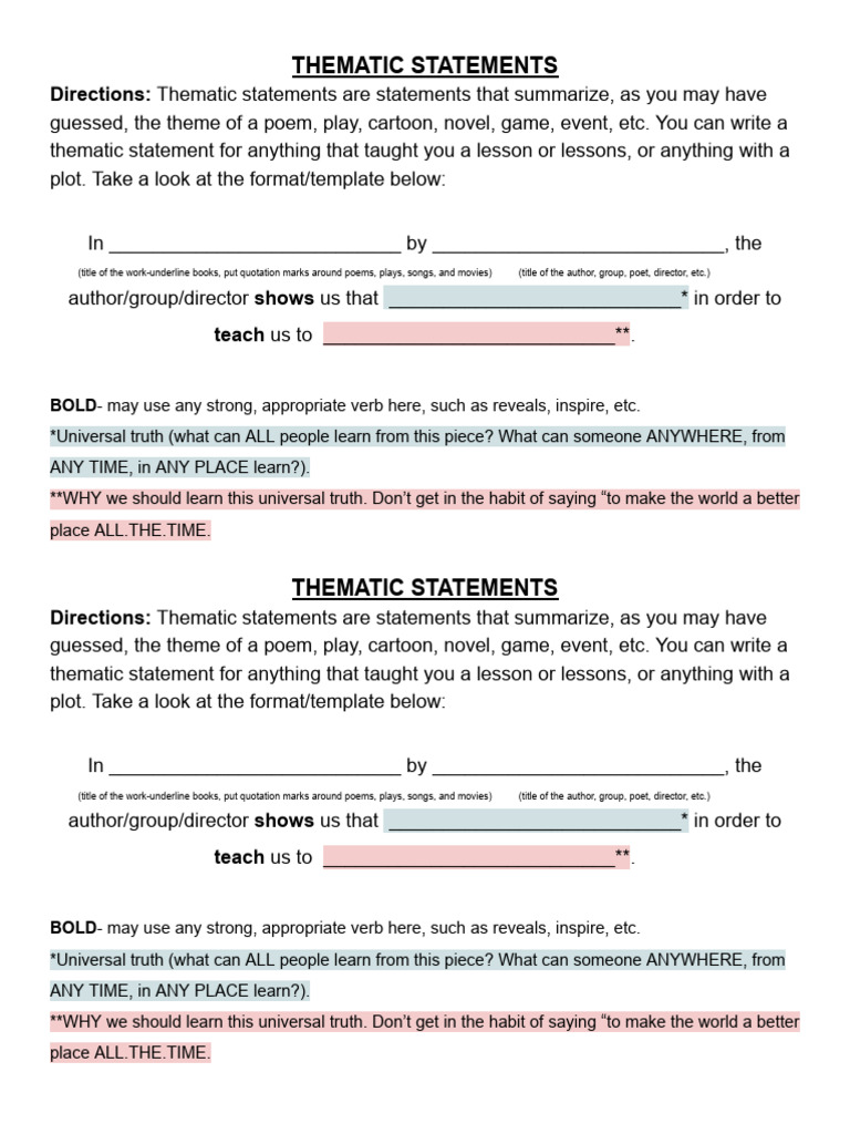 Teacher Notes: Writing Thematic Statements - Templates, Sentence Stems ...