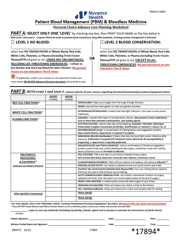 PBMBloodless Medicine Worksheet Barcode With Patient Education ...