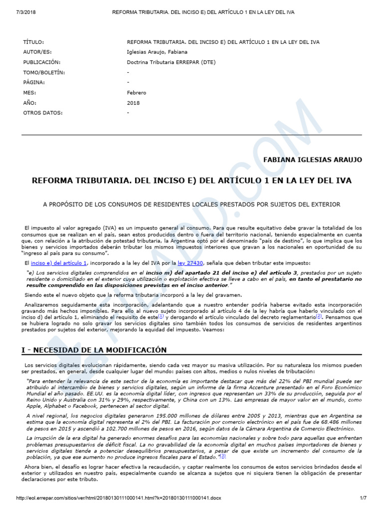 Reforma Tributaria Del Inciso e Del Art Culo 1 en La Ley Del Iva | PDF | Internet | aduana