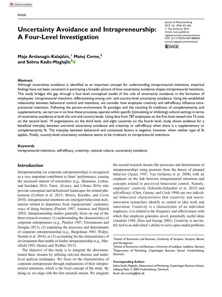 Uncertainty Avoidance and Intrapreneurship: A Four-Level Investigation ...