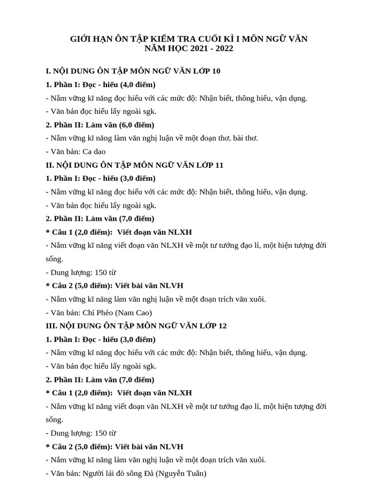 Đề Cương Hk1 Văn | PDF