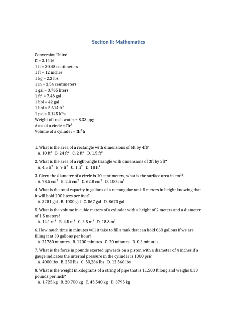 Section II Mathematics Questions | PDF | Gallon | Pound (Mass)