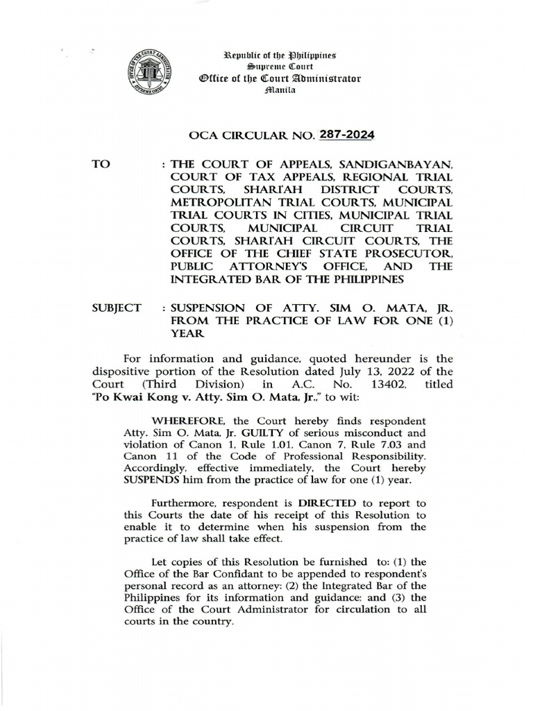 OCA-Circular-No.-287-2024 | PDF | Separation Of Powers | Public Law