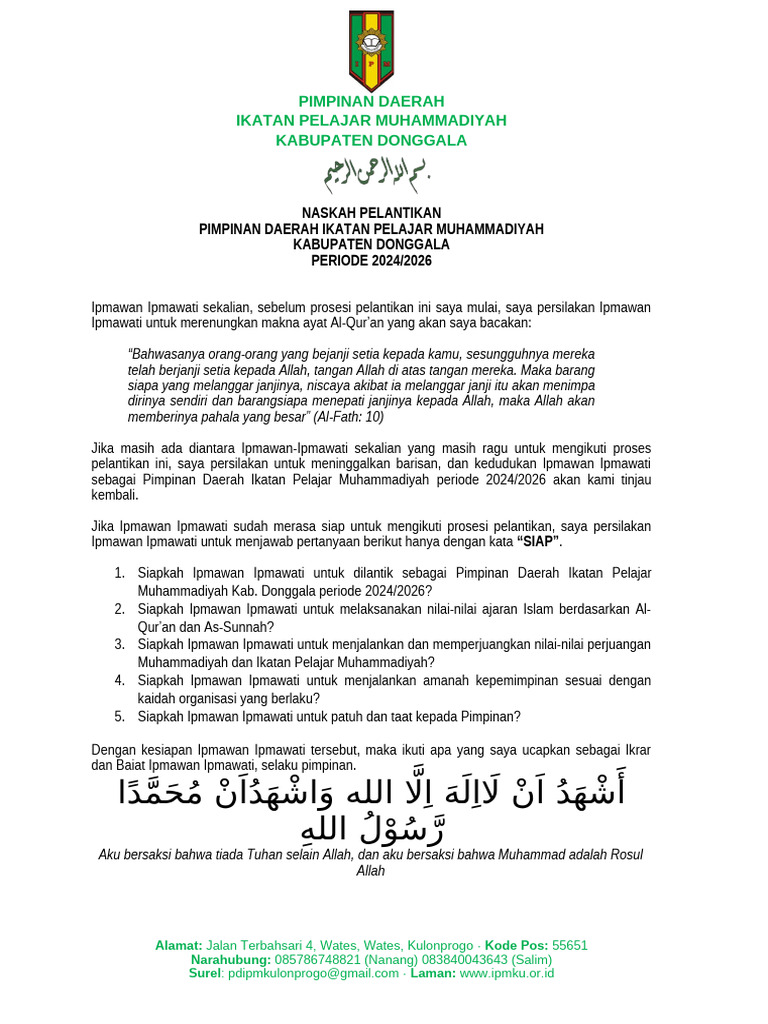 (CONTOH) Naskah Pelantikan PR IPM | PDF | Karier & Perkembangan