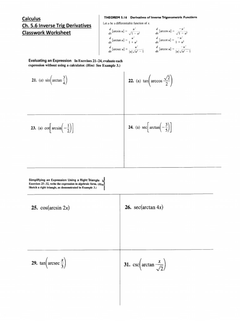 Inverse Trig Ws 1 2020 Ws and Key | PDF