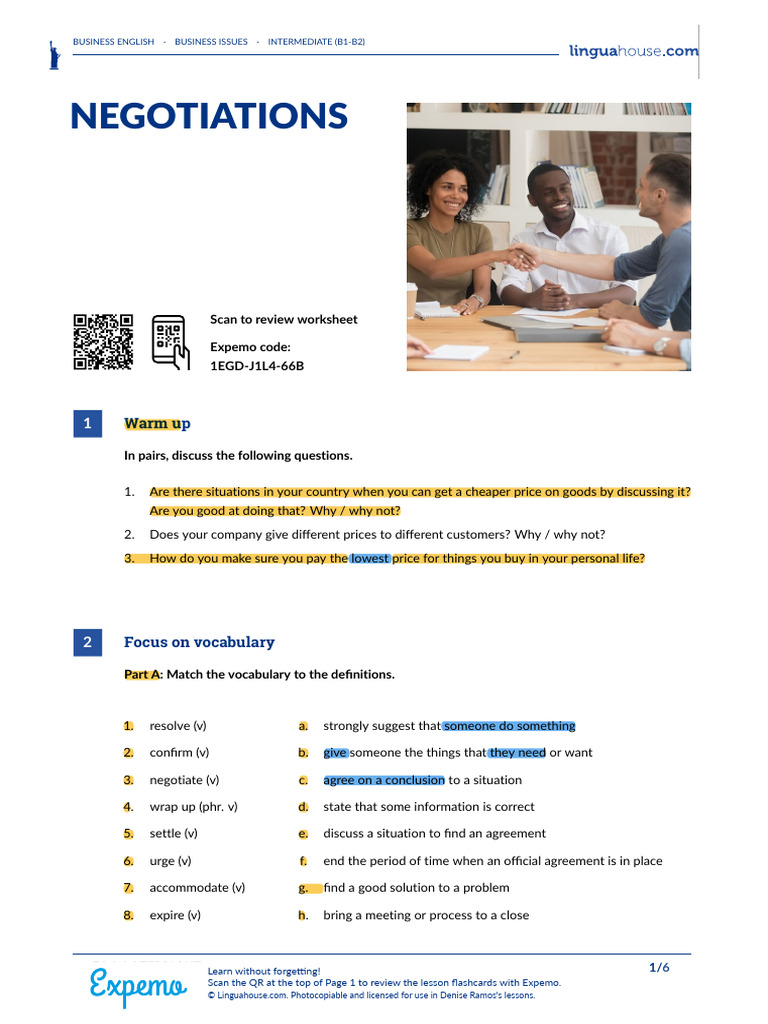negotiations-american-english-teacher-B1-B2 | PDF | Vocabulary ...