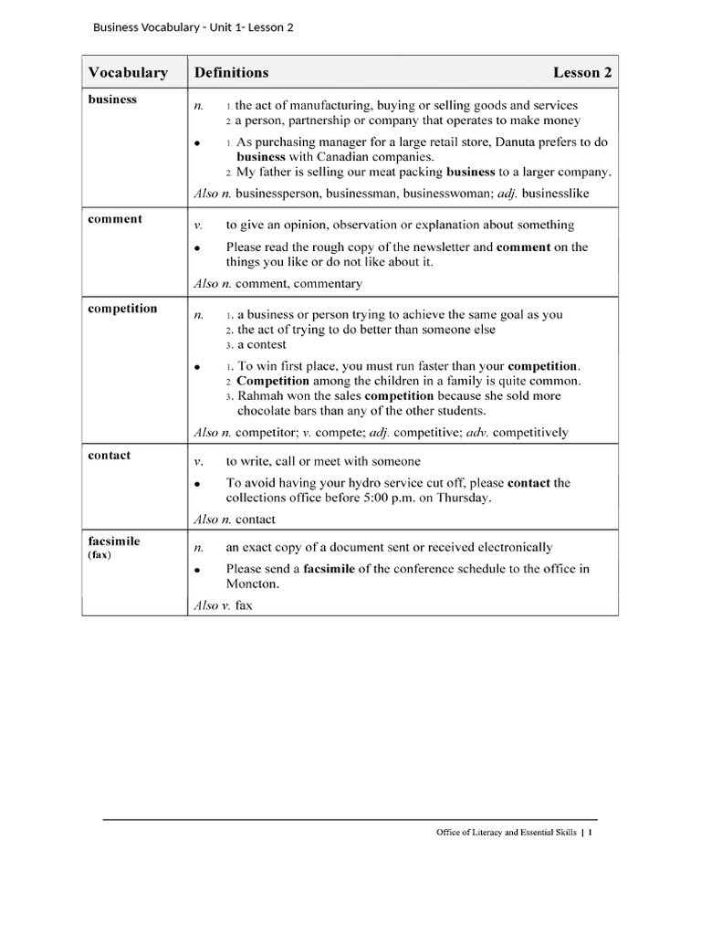 Business Vocabulary-Unit 1-Lesson 2 | PDF | Fax