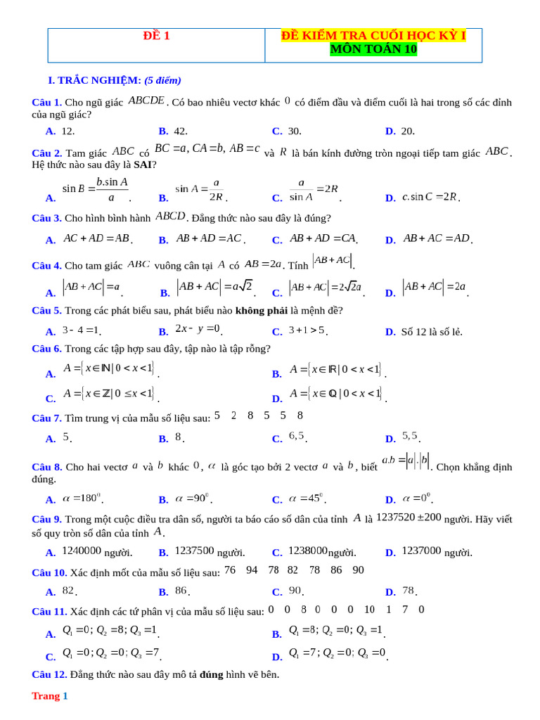 10 de Thi HK1 Toan 10 KNTT | PDF