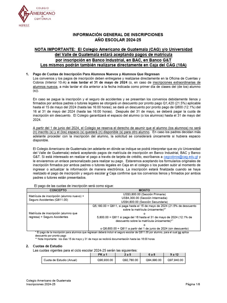 Inscripciones CAG 2024-25: Guía y Pagos | PDF | Pagos | Guatemala