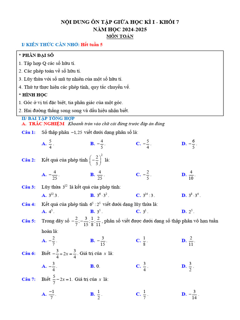 K7 Noi Dung On Tap Giua HKI 24-25 | PDF