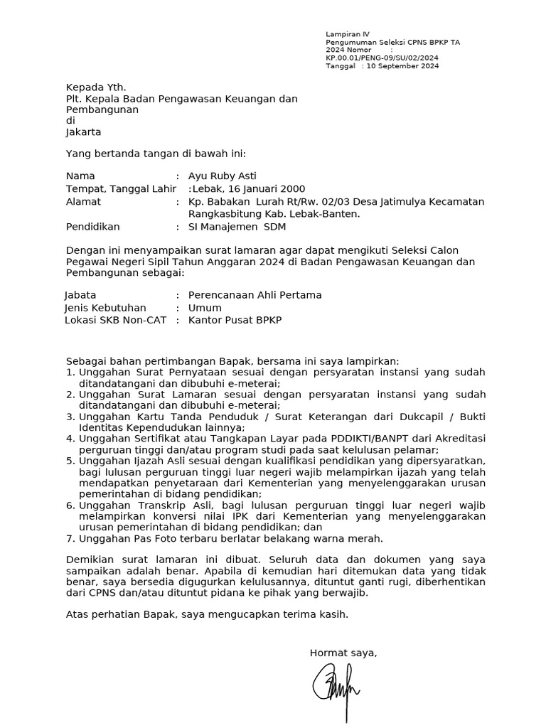 Seleksi CPNS BPKP 2024: Surat Lamaran Ayu | PDF