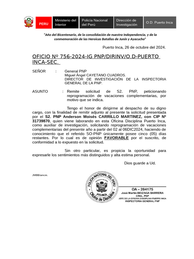 Oficio #756-2024 - Remite Solicitud de S2. PNP Carrillo. | PDF