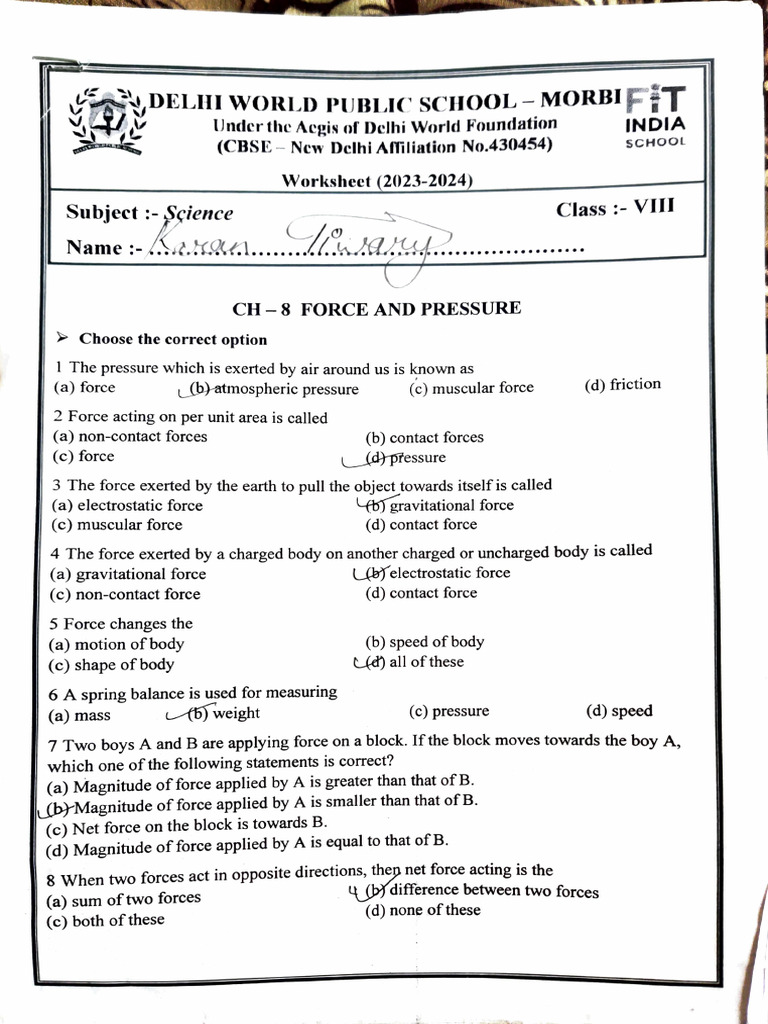 Class 8 MCQs on Force and Pressure | PDF | Friction | Force