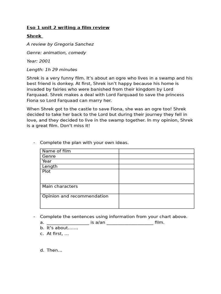 Eso 1 Unit 2 Writing A Film Review | PDF