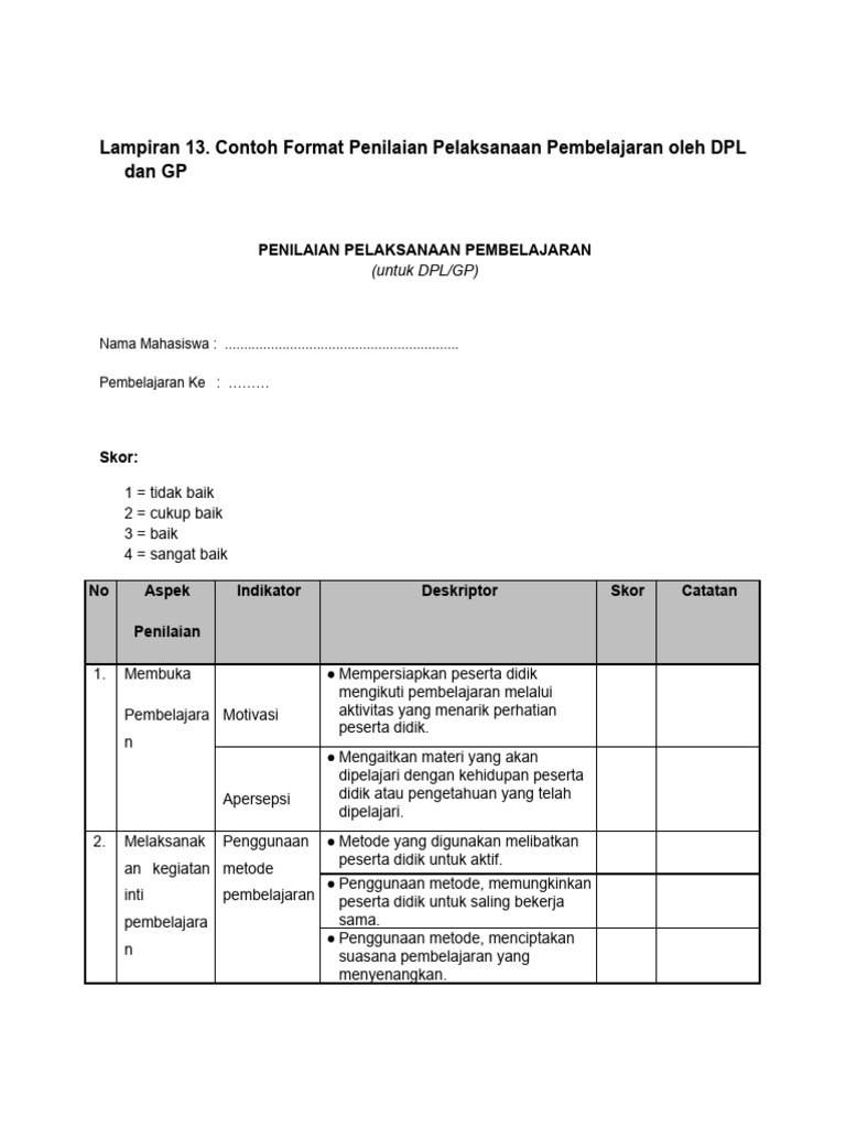 Lampiran 13. Contoh Format Penilaian Pelaksanaan Pembelajaran Oleh DPL Dan GP | PDF | Seni ...