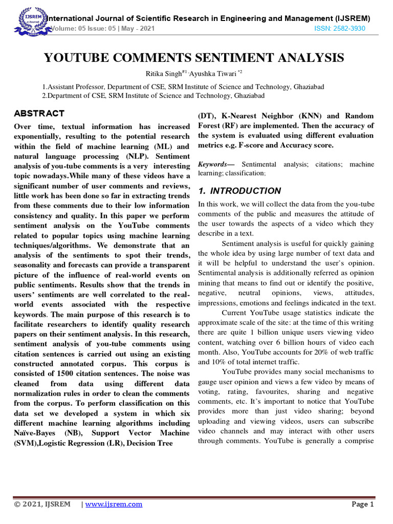 Youtube Comments Sentiment Analysis 2 | PDF | Machine Learning | Statistical Classification