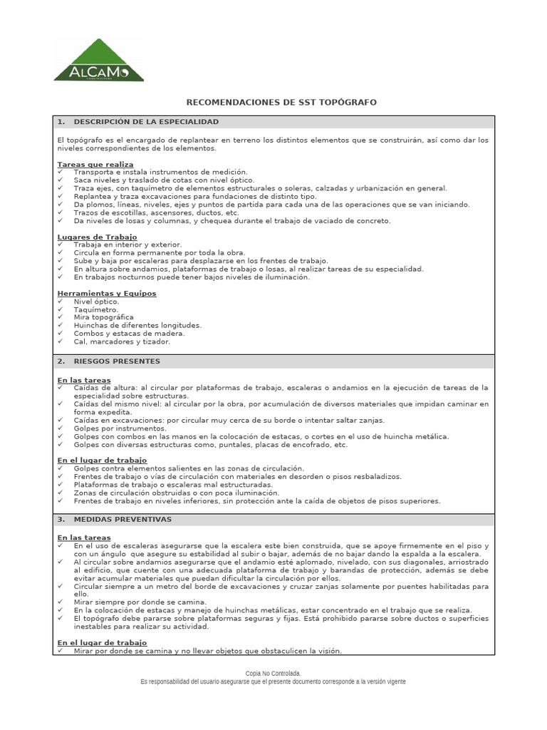 CDS-SST-IN-05 Recomendaciones de SST Topografo Ver.01 | PDF | Topografía