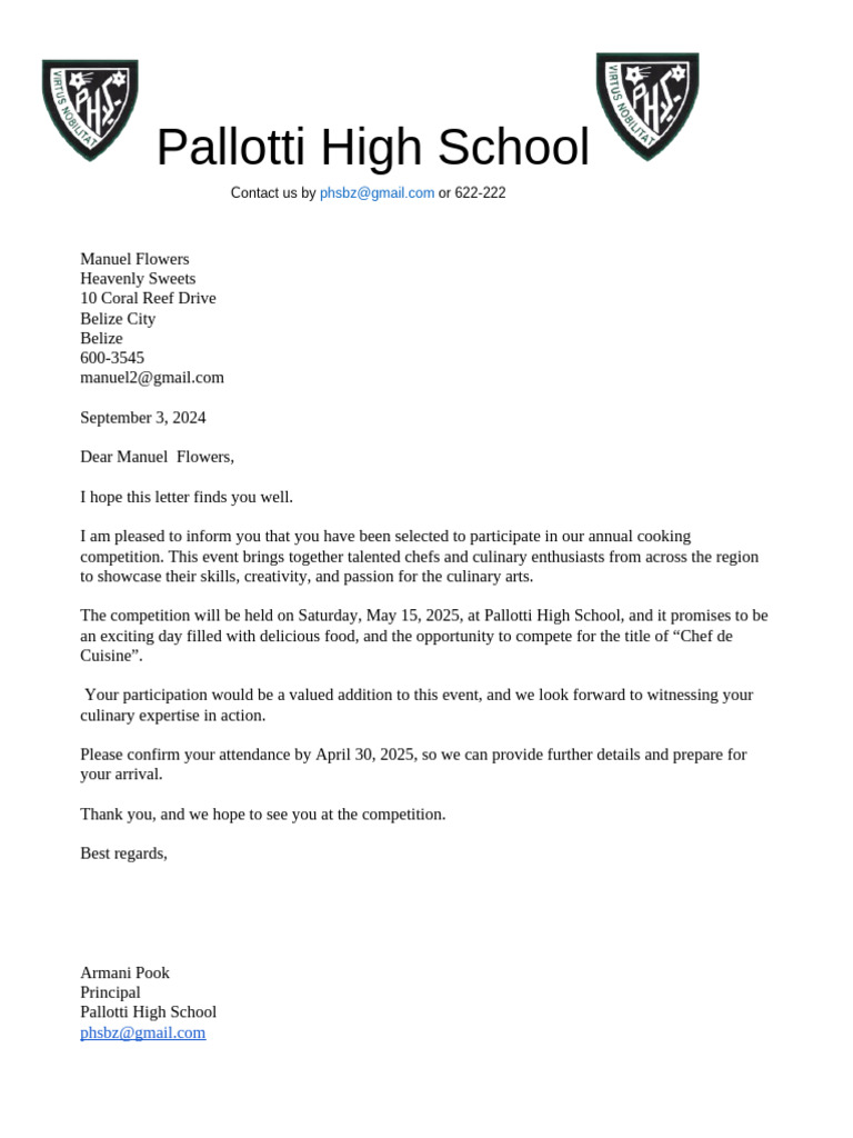 Pallotti High School Mail Merge - Armani Pook (Sba) | PDF | Chef ...