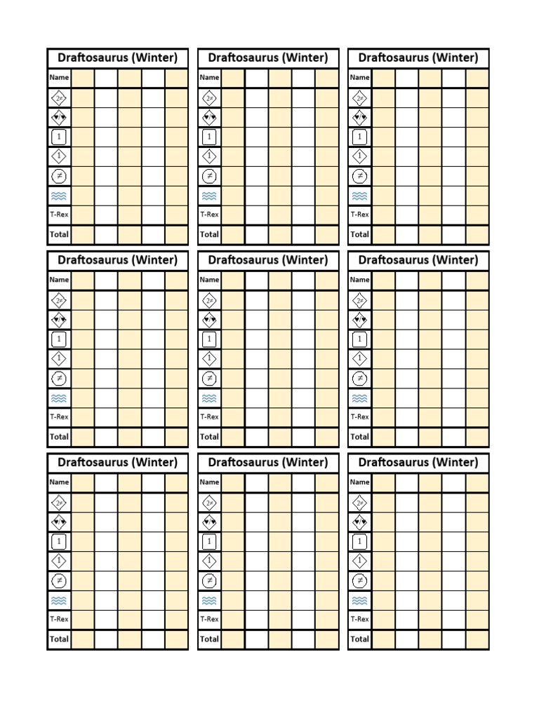 Draftosaurus Scoring Aid (Winter) - 9 Per Page - Print-Friendly | PDF