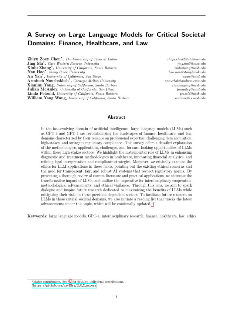 A Survey On Large Language Models For Critical Societal Domains Finance Healthcare And Law