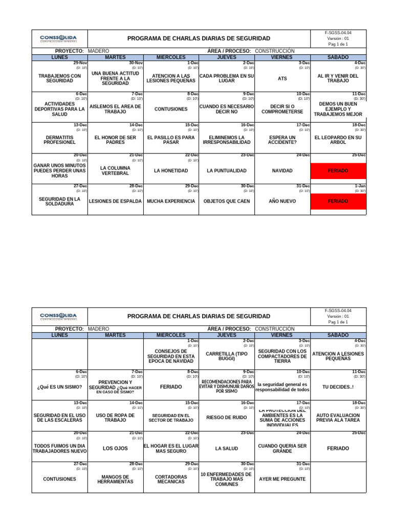 Programa de Charlas de Seguridad Laboral | PDF