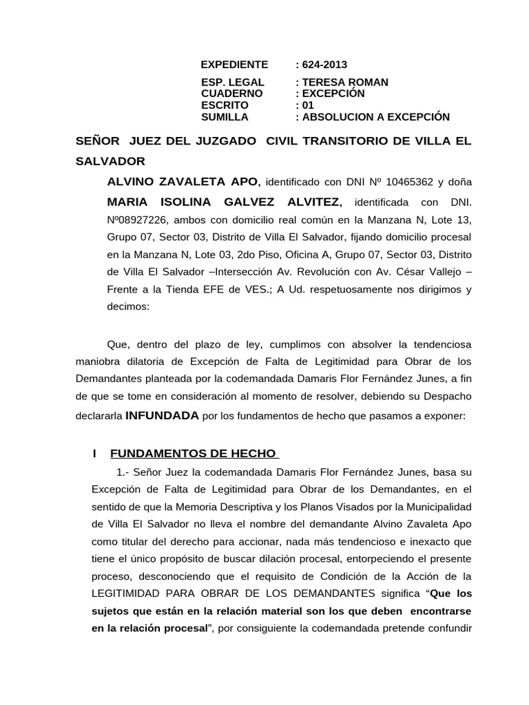 Absolución A Excepción | PDF | Demanda judicial | Ley procesal