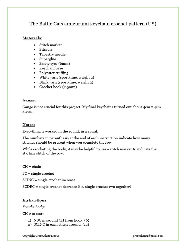 Battle Cats Keychain Crochet Pattern Grace Akatsu - US | PDF | Crochet ...