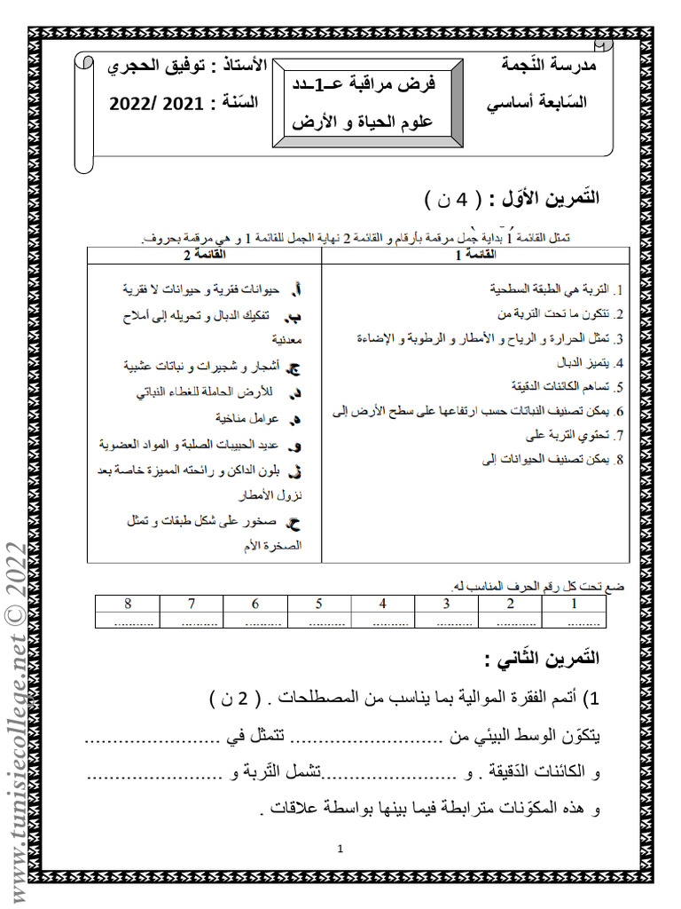 Devoir de Contrôle N°1 - SVT - 7ème (2021-2022) MR Hajri Taoufik | PDF