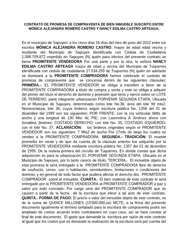 Contrato de Promesa de Compraventa de Bien Inmueble Suscrito Entre ...