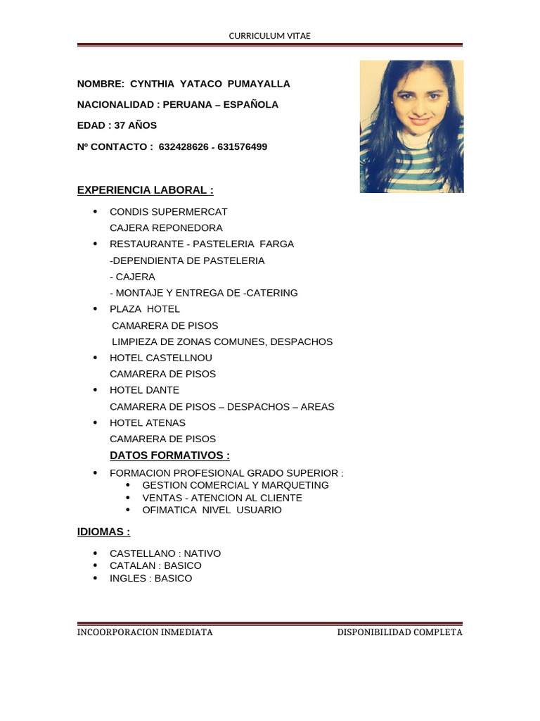 CV de Cynthia Yataco Pumayalla | PDF | Negocios