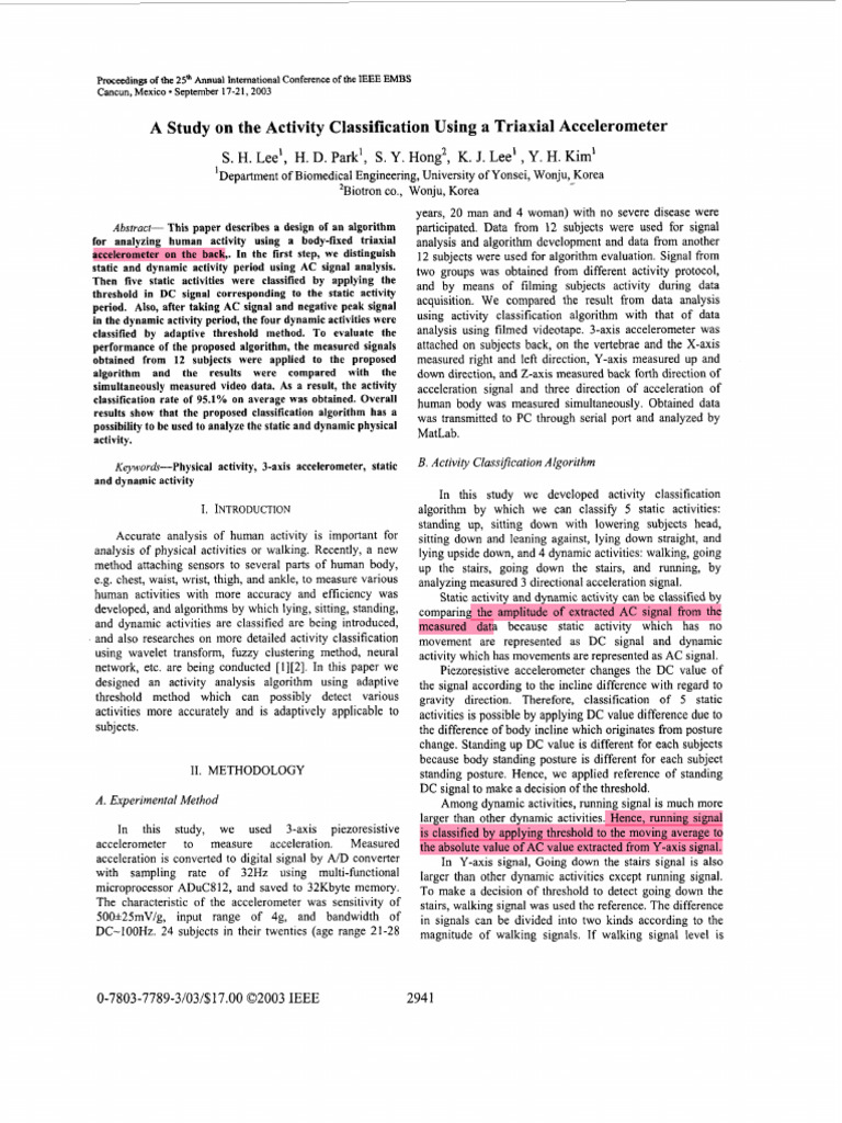 2003 S Lee Activity Classification Using A Triaxial Accelerometer Embs Pdf Statistical