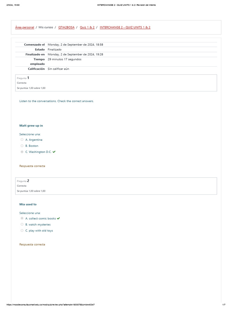 INTERCHANGE 2 - QUIZ UNITS 1 & 2 - Revisión Del Intento | PDF | Linguistics | Grammar
