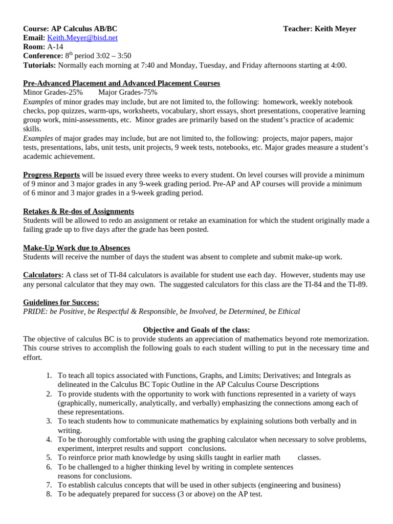 Ap BC Syllabus | PDF | Integral | Derivative